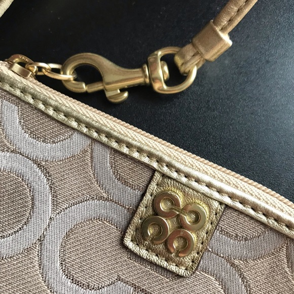 Coach | Bags | Coach Mini Wristlet C Logo Monogram Metallic Gold | Poshmark